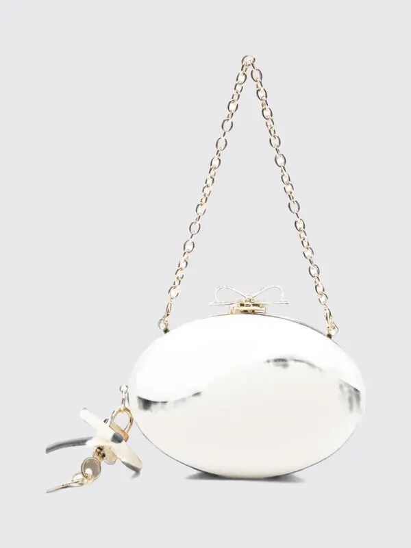 SELF-PORTRAIT Oval Satin Mini Clutch With Crystals And Metal Mesh Handle - Ecru