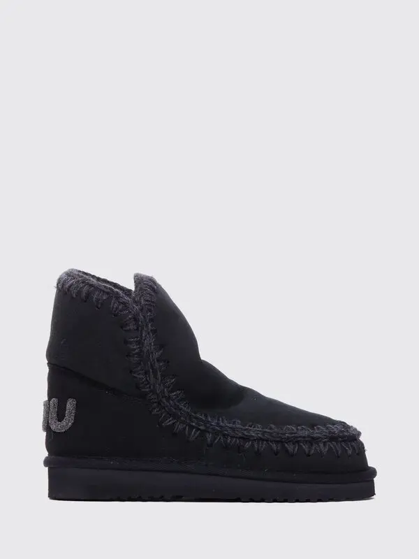 Mou Eskimo Sheepskin Ankle Boots With Embroidery And Glitter Logo Back - Black