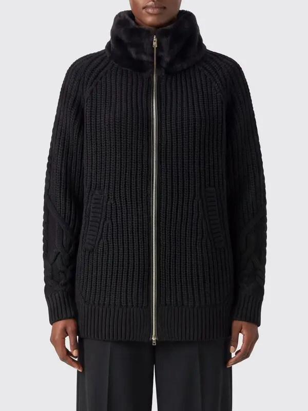 Herno Merino Wool Cardigan With Faux Fur Collar - Black