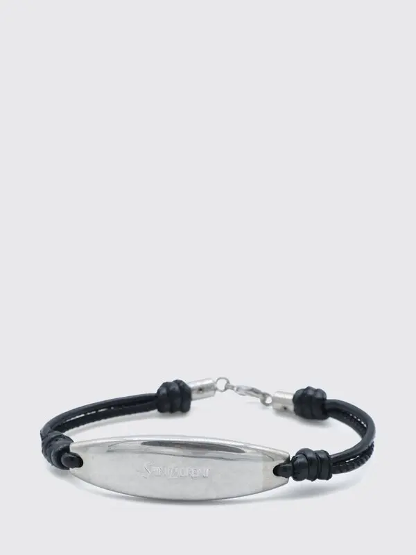 Saint Laurent Bracelet In Leather And Chrome-plated Brass With Snap Hook Clasp - Black