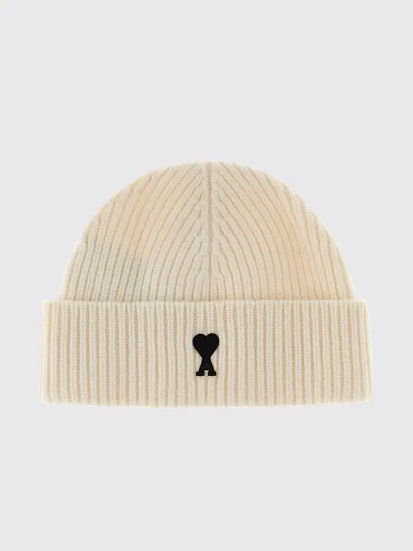AMI Paris Beanie In Pure Virgin Wool With Cuff And Contrast Logo - Ecru