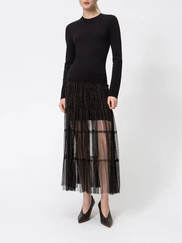 TWINSET Slim Fit Long-sleeved Midi Knit Dress In Wool Blend And Tulle