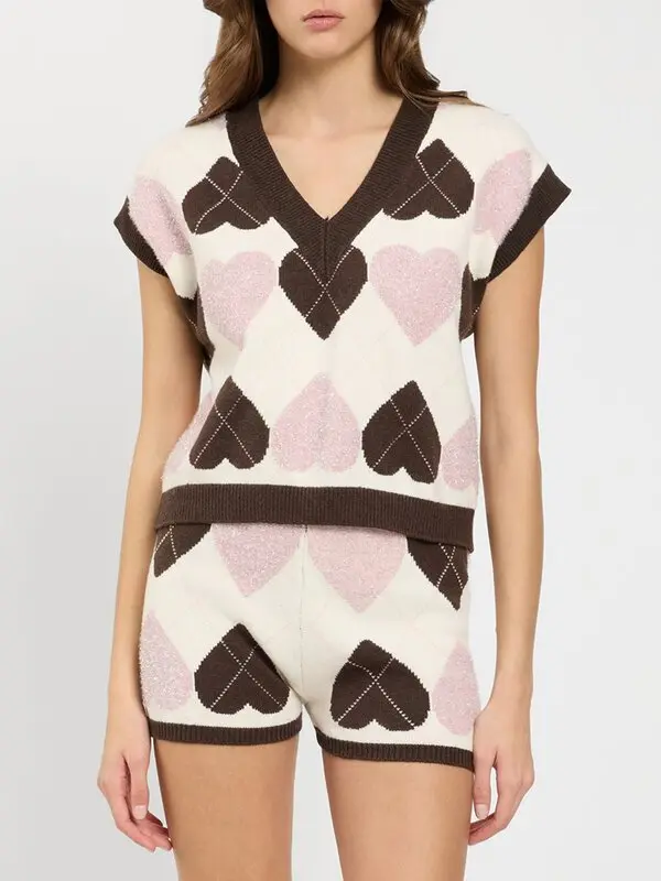 TWINSET Heart Print Knit Vest In Wool And Cotton Blend