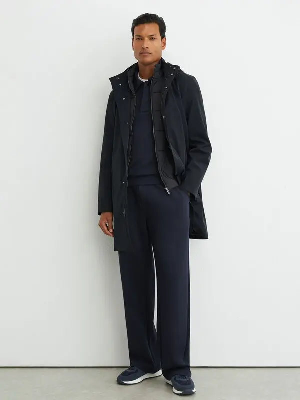 REISS Hybrid Gilet-insert Overcoat With Hood - Navy