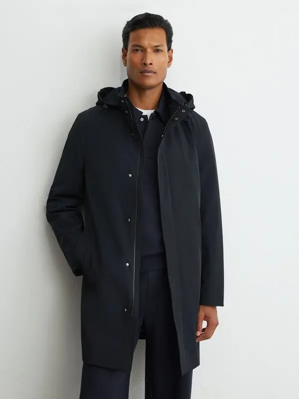 REISS Hybrid Gilet-insert Overcoat With Hood - Navy