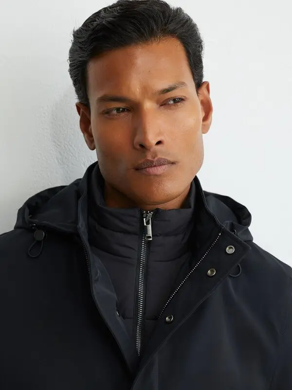 REISS Hybrid Gilet-insert Overcoat With Hood - Navy