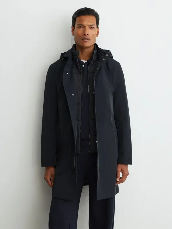 REISS Hybrid Gilet-insert Overcoat With Hood - Navy