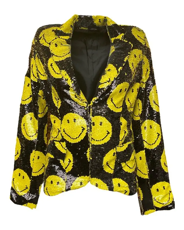 ANY OLD IRON Yellow / Black Yellow Smiley Reversible Sequin Blazer Jacket - Yellow/black
