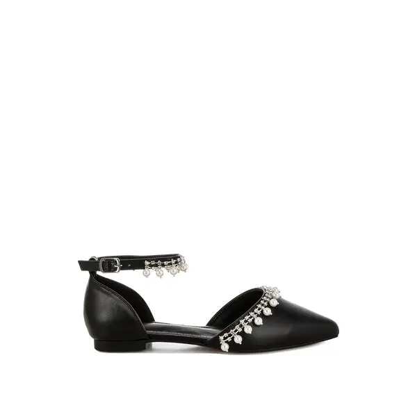 RAG & CO Aouva Rhinestone & Pearl Ankle Strap Flat Sandals In By - Black