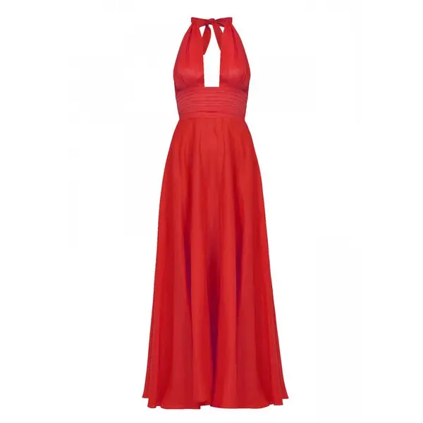 AVENUE 8 Draped Halter Neck Linen Maxi Dress