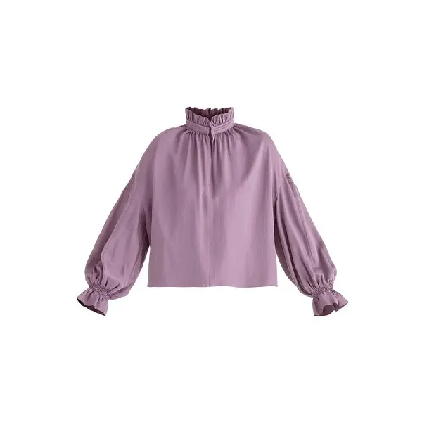 PAISIE Ruffle Neck Lyocell Blouse With Smocked Cuffs In Lilac