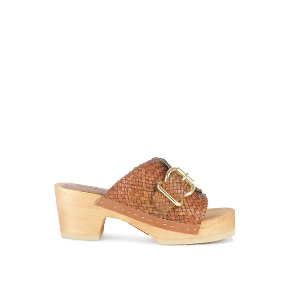 RAG & CO Yoruba Braided Leather Buckled Slide Clogs In Tan By