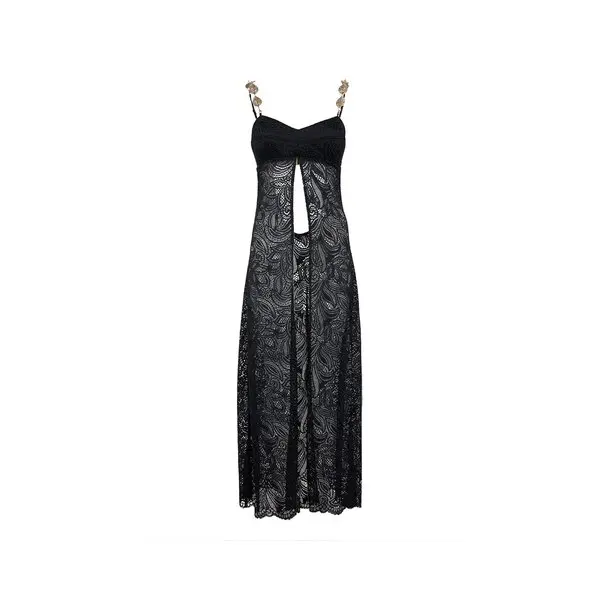 ZETAYE Lyric Lace Long Line Chain Top - Black