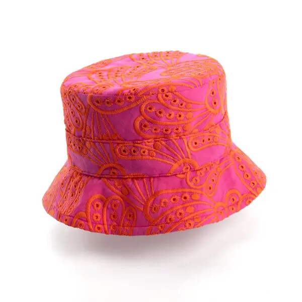 SIBI HATS Orange / Pink Pink Cherry Eyelet Bucket Hat With Orange Ribbon