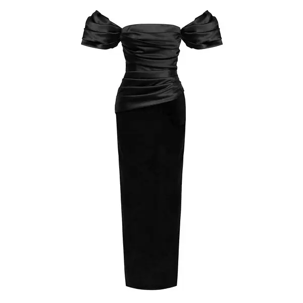 POST MERIDIEM Maxi Dress With Draped Bodice & Sleeves - Black