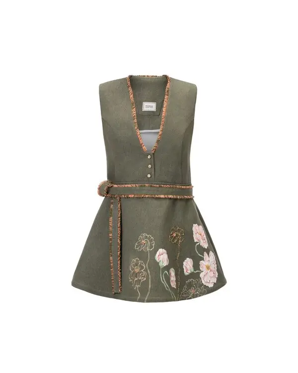 RONDOOZ Hand Painted Denim Mini Dress With Hand Applied Embellisht