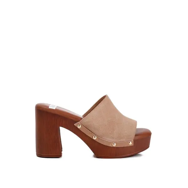 RAG & CO Neutrals Cartera Soft Suede High Block Heel Clogs In Tan By
