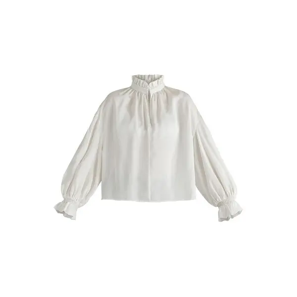 PAISIE Ruffle Neck Lyocell Blouse With Smocked Cuffs