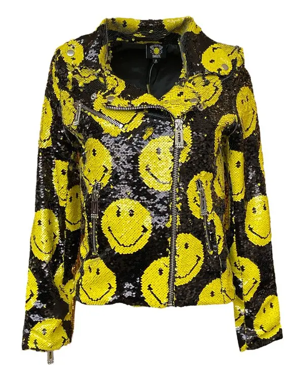ANY OLD IRON Black / Yellow Yellow Smiley Reversible Sequin Moto Jacket - Black/yellow