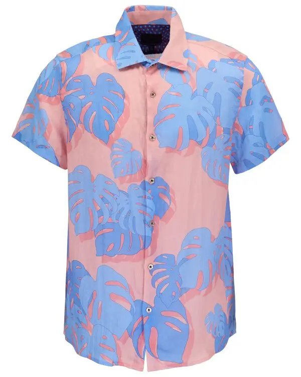 LORDS OF HARLECH Landon Monstera Floral Coral Linen Button-up Shirt - Pink