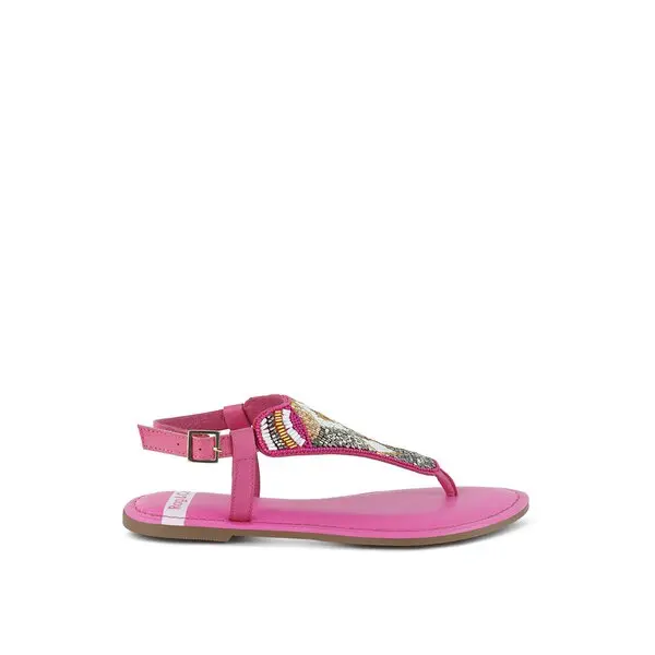 RAG & CO Chitra Fuchsia Pin Buckle Beaded Flat Sandals By - Pink