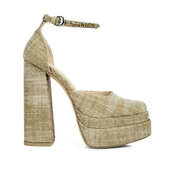 RAG & CO Neutrals Cosette Diamante Embellished Ankle Strap High Block Heel Sandals In By - Beige