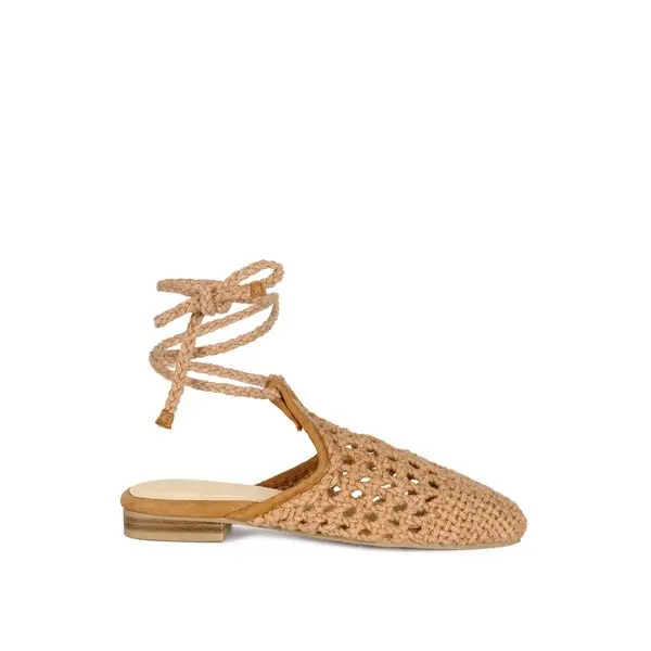 RAG & CO Bartsi Tan Handwoven Tie Up Flat Mules By