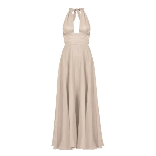 AVENUE 8 Neutrals Draped Halter Neck Linen Maxi Dress Stone