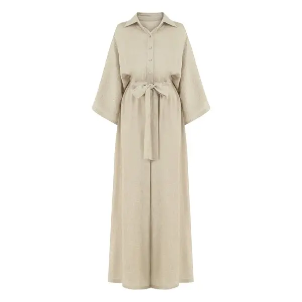 LILAMIE Neutrals Hvar Oversize Fit Open Neckline Long Resort Jumpsuit - Beige