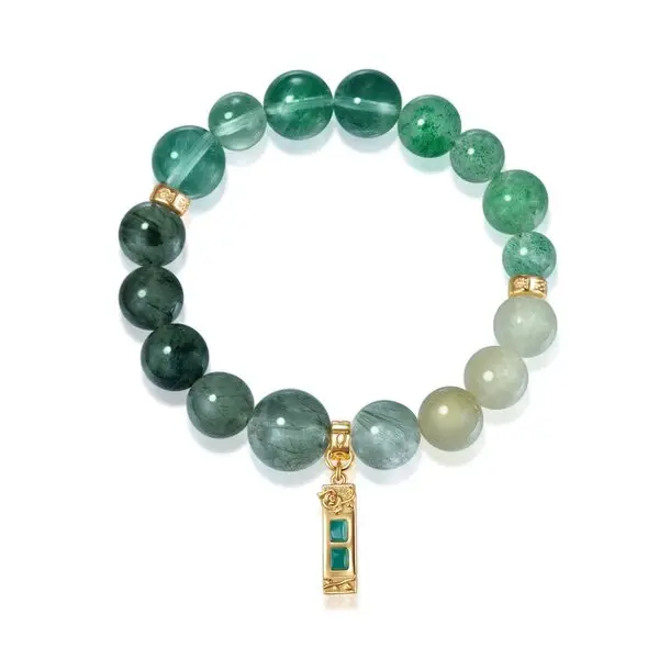 AUROZIA Gold / Green Five Elets Wood Gold Vermeil Emerald Life Tree With Flower Pendant Crystal Bracelet - Gold/green