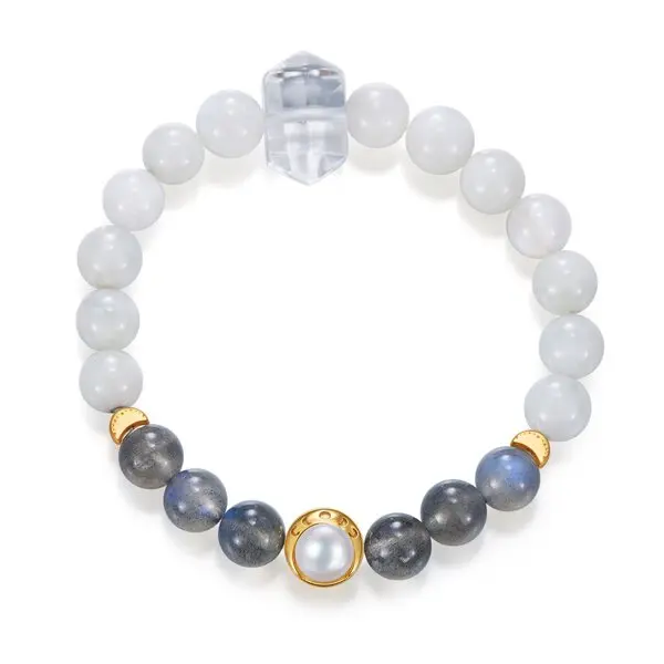 AUROZIA Grey / White Echoes Within Lunar Phase Pearl Moon Gold Vermeil Grey Moonstone Crystal Bracelet - Grey/white
