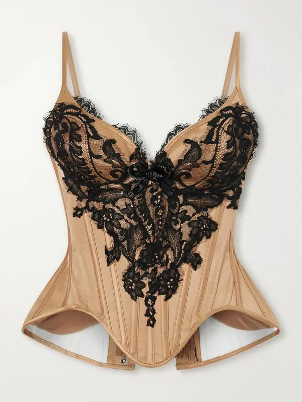 WIEDERHOEFT Embellished Lace-trimmed Silk-satin Bustier Top