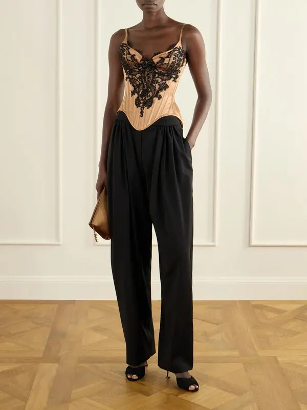WIEDERHOEFT Embellished Lace-trimmed Silk-satin Bustier Top