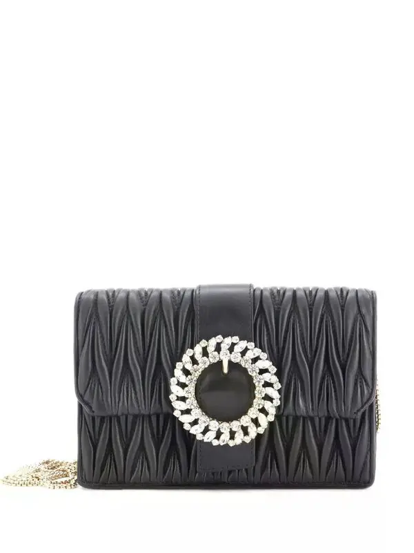 Miu Miu Crystal Buckle Flap Crossbody Bag Matelasse Leather Small Shoulder Bag - Black