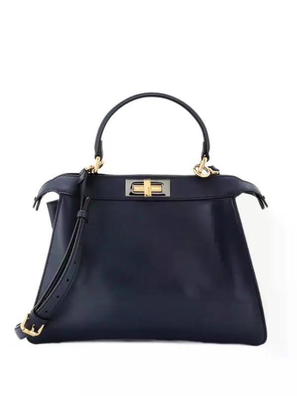 Fendi Peekaboo Bag Rigid Leather With Zucca Velvet Interior Regular Satchel - Blue