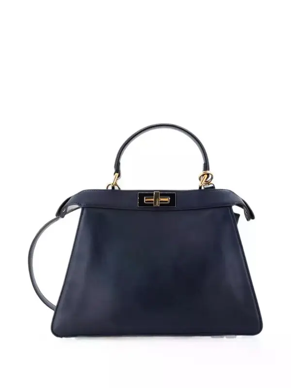 Fendi Peekaboo Bag Rigid Leather With Zucca Velvet Interior Regular Satchel - Blue