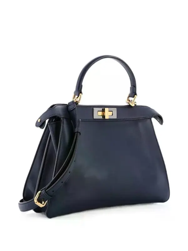 Fendi Peekaboo Bag Rigid Leather With Zucca Velvet Interior Regular Satchel - Blue