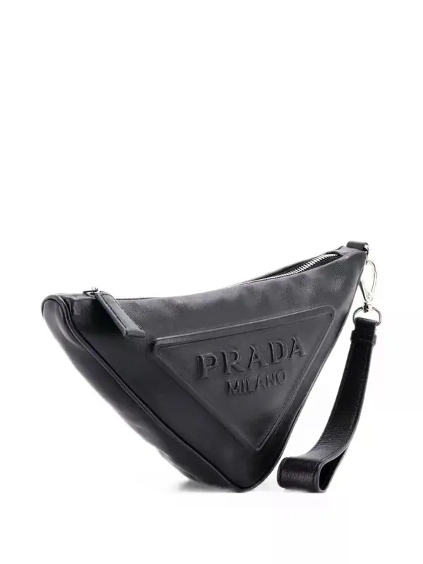 Prada Triangle Logo Wristlet Pouch Embossed Leather Clutch Bag