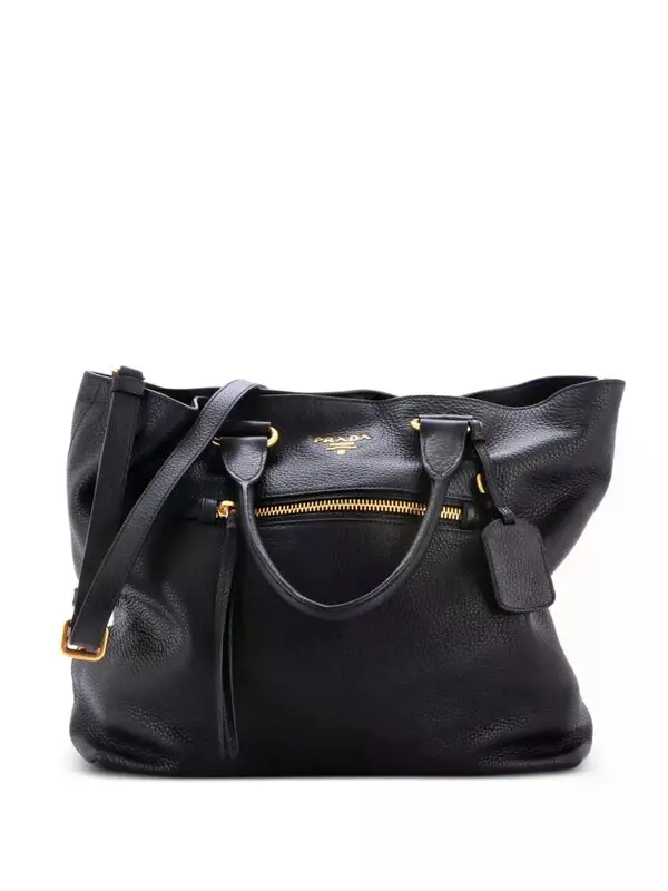 Prada Front Pocket Convertible Tote Vitello Phenix Medium Shoulder Bag - Black