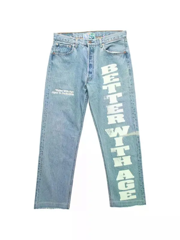 BETTER WITH AGE Logo-print Frayed Straight-leg Jeans