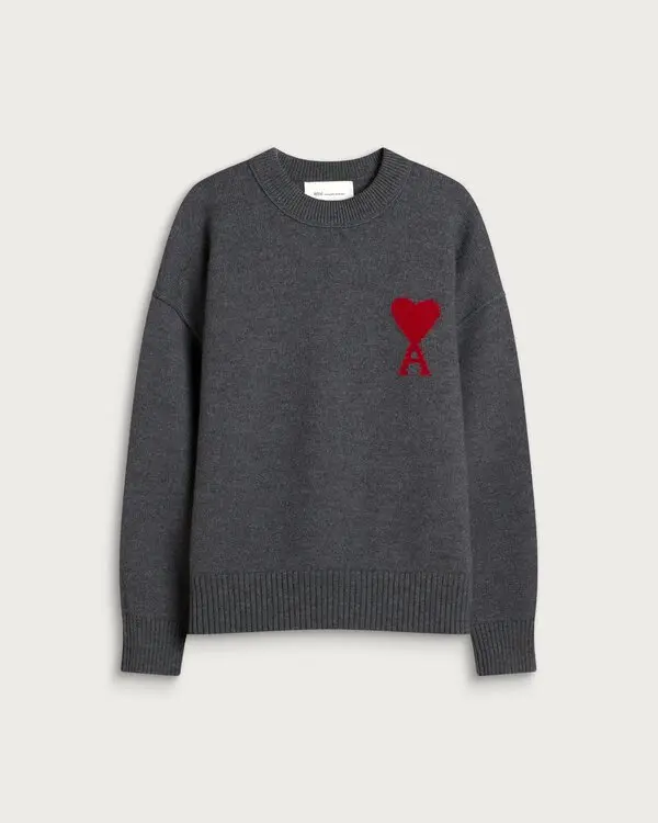 AMI Paris Crewneck Contrasted Adc Jumper In | Size: | 100% Wool | End Clothing - Heather Grey/red