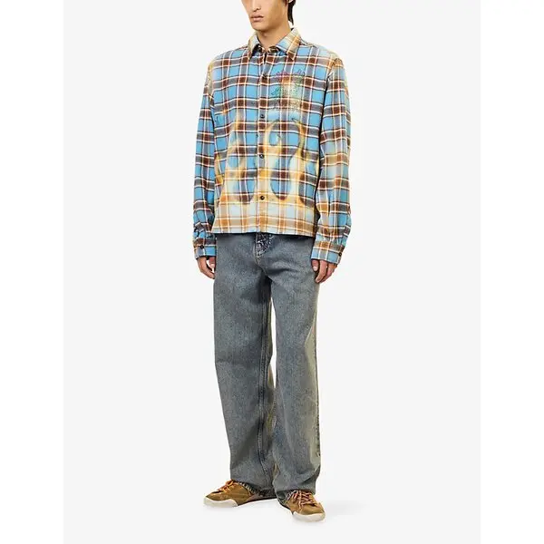 Amiri Flames Check-print Cotton Flannel Shirt - Blue