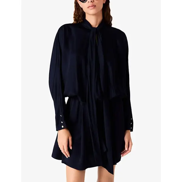 Maje Tie-neck Draped Satin Mini Dress