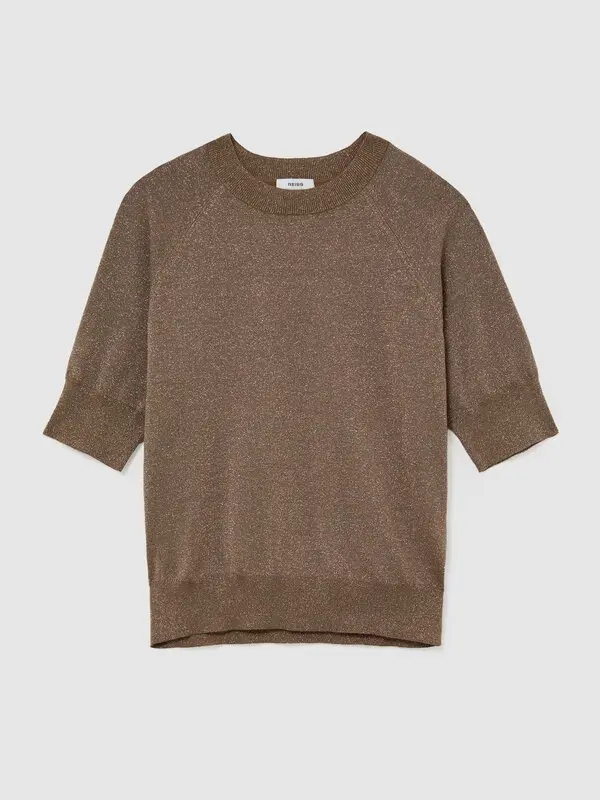 REISS Wool-blend Metallic-knit Short-sleeve Top
