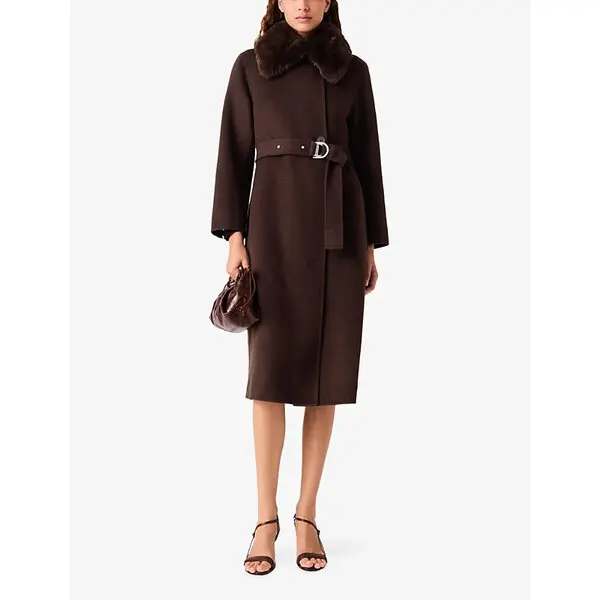 Maje Faux Fur-collar Belted Wool-blend Coat