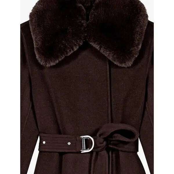 Maje Faux Fur-collar Belted Wool-blend Coat