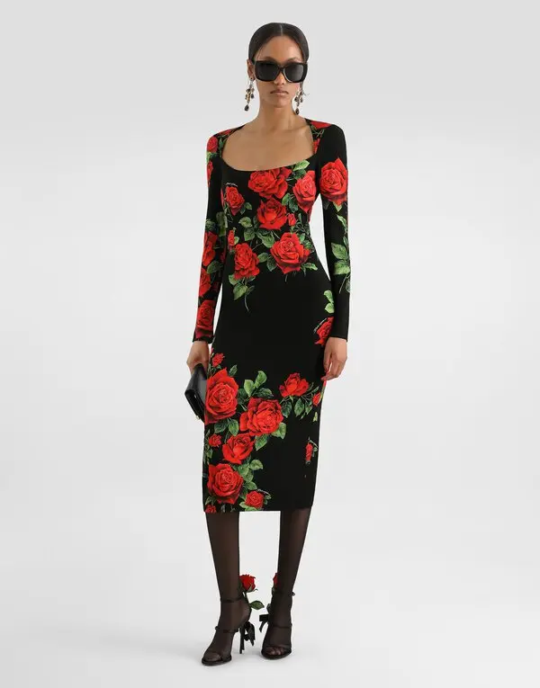 Dolce & Gabbana Rose-print Charmeuse Midi Dress Dresses