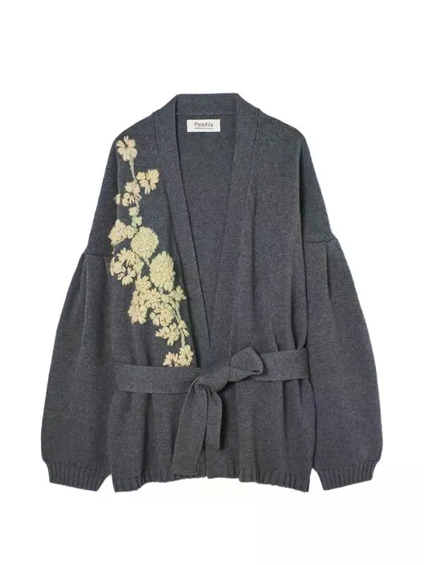 PSOPHIA Floral-embroidered Belted Cardigan - Grey