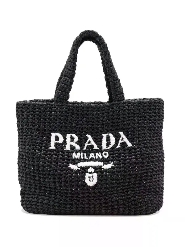 Prada 2019-2026 Small Raffia Effect Crochet Embroidered Logo Tote Bag