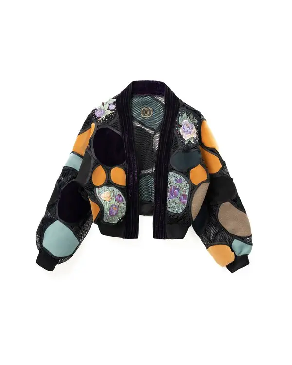 RONDOOZ Hand Painted Velvet And Denim Bomber Jacket With Hand Applied Embellisht